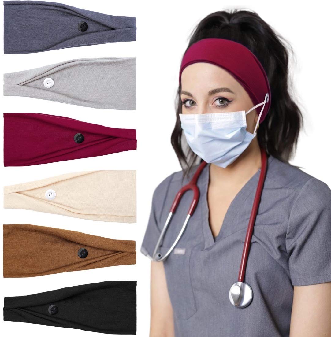 Huachi Headbands with Buttons for Mask for Nurses Non Slip Elastic Hair Bands for Women Doctors Medical Headband Turban Headwrap, 6Pcs