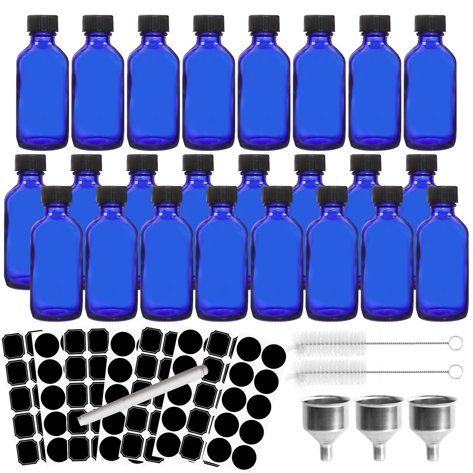 24 Pack 60 ml 2 oz Blue Glass Bottles with Lids, Dispensing Round Boston Bottles for Essential Oils, Hot Sauce, Juice, Liquids,Vanilla Wedding Decor. Include 1 pen, 2 Brush,3 Funnel, 80 Labels.