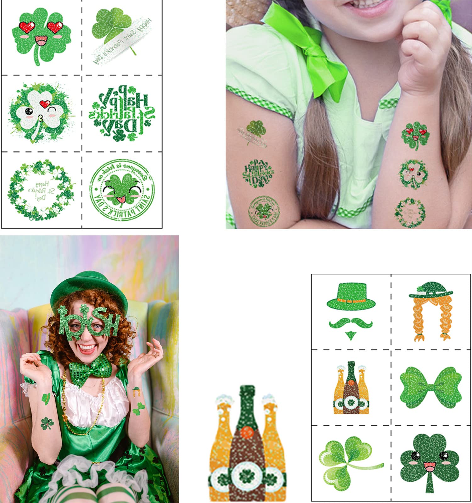 St. Patrick's Day Glitter Tattoos,Shamrock Lucky Clover Temporary Tattoo Stickers, St. Paddy's day Decorations Pack of 8,48Pcs Waterproof Decor for Men Women Kids
