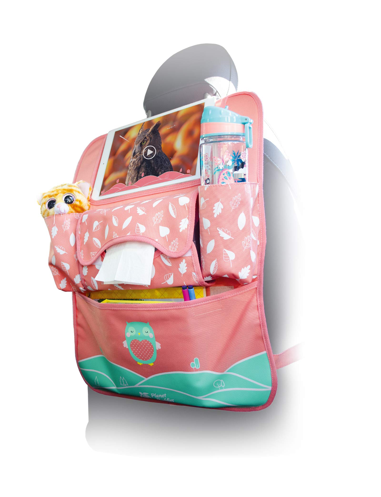 Planet Buddies Car Seat Organizer Kids, Car Accessories for Kids Storage with Tablet Holder up to 10.2 Inch, Car Organiser for Toys, Tablets, Bottles and Tissue Box Holder, Pink Owl