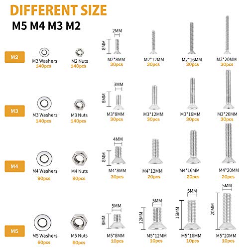 VIGRUE 1230 Pieces M2 M3 M4 M5 Flat Head Socket Cap Screws 304 Stainless Steel Cap Bolts Nuts Washers Assortment Kit with 4Pcs Hex Wrenches