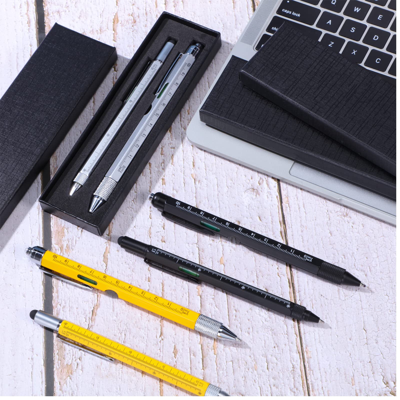 6 Pieces 9 in 1 Multitool Pen Set, Gifts for Men Him Dad Cool Gadgets for Father's Day Christmas Gifts Stocking Stuffers for Men Tool Pen with LED Light Stylus Level Screwdriver Ruler