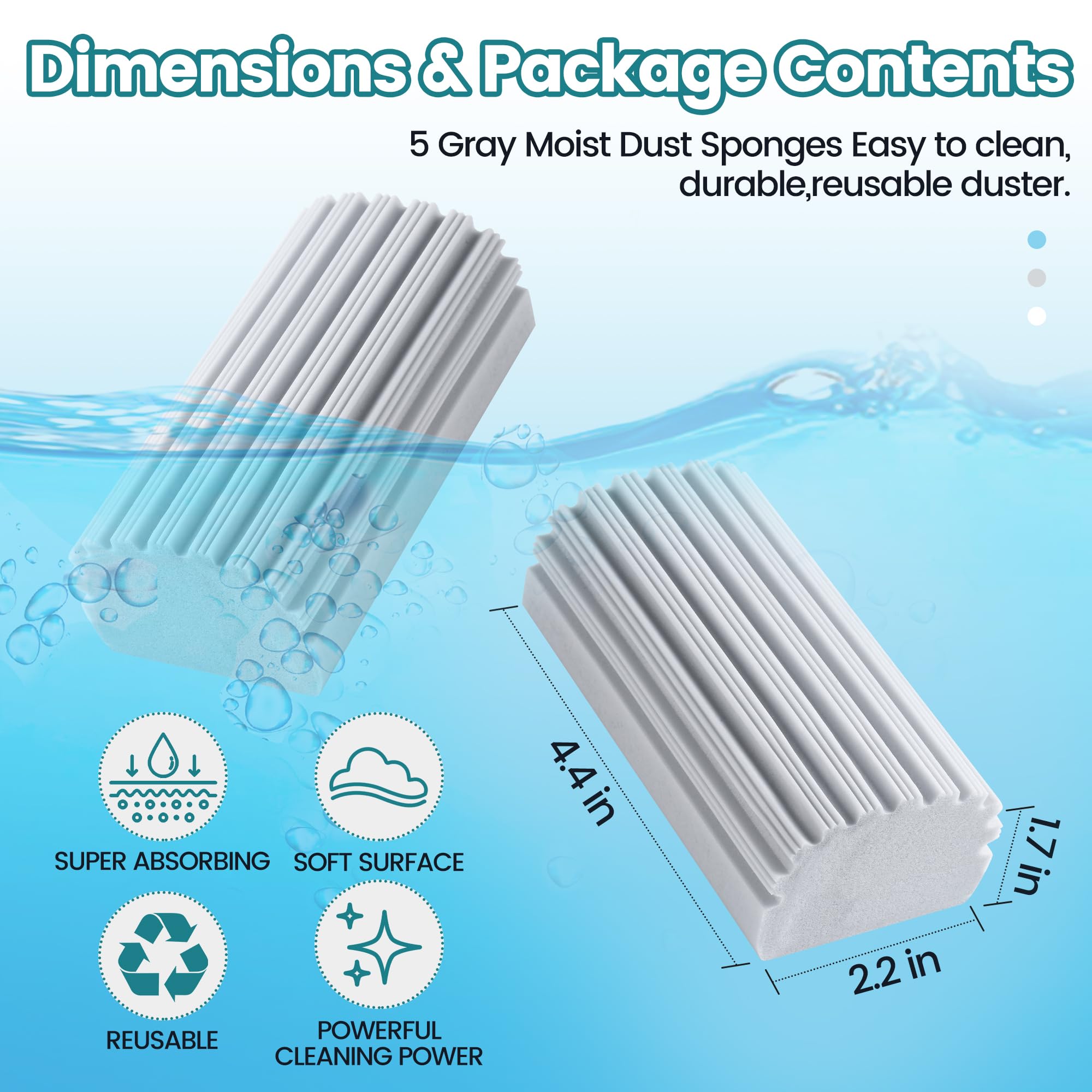 5-Pack, Duster Sponge, Cleaning Tool for Blinds, Mirrors, Floor,Railings and Ceiling Fans, Reusable Sponge. (Grey)