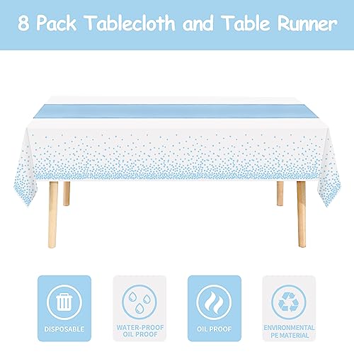 8 Pack Disposable Plastic Tablecloths and Satin Table Runner Set, 54 x 108 Inch Rectangle Tablecloth, 12 x 108 Inch Satin Table Runner for Wedding Graduation Birthday Party (Blue)