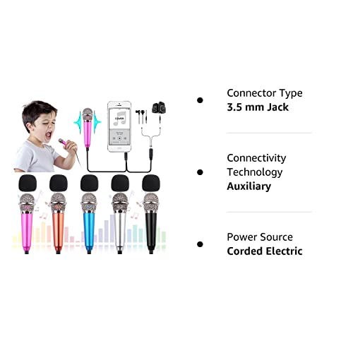 5-Piece Mini Microphone Tiny Microphone Mini Mic for Recording Voice and Singing on iPhone, Android Phones or Tablet, Metal, with 113 cm Cord, 3.5 mm Input (Rose red, Rose Gold, Silver, Blue, Black)