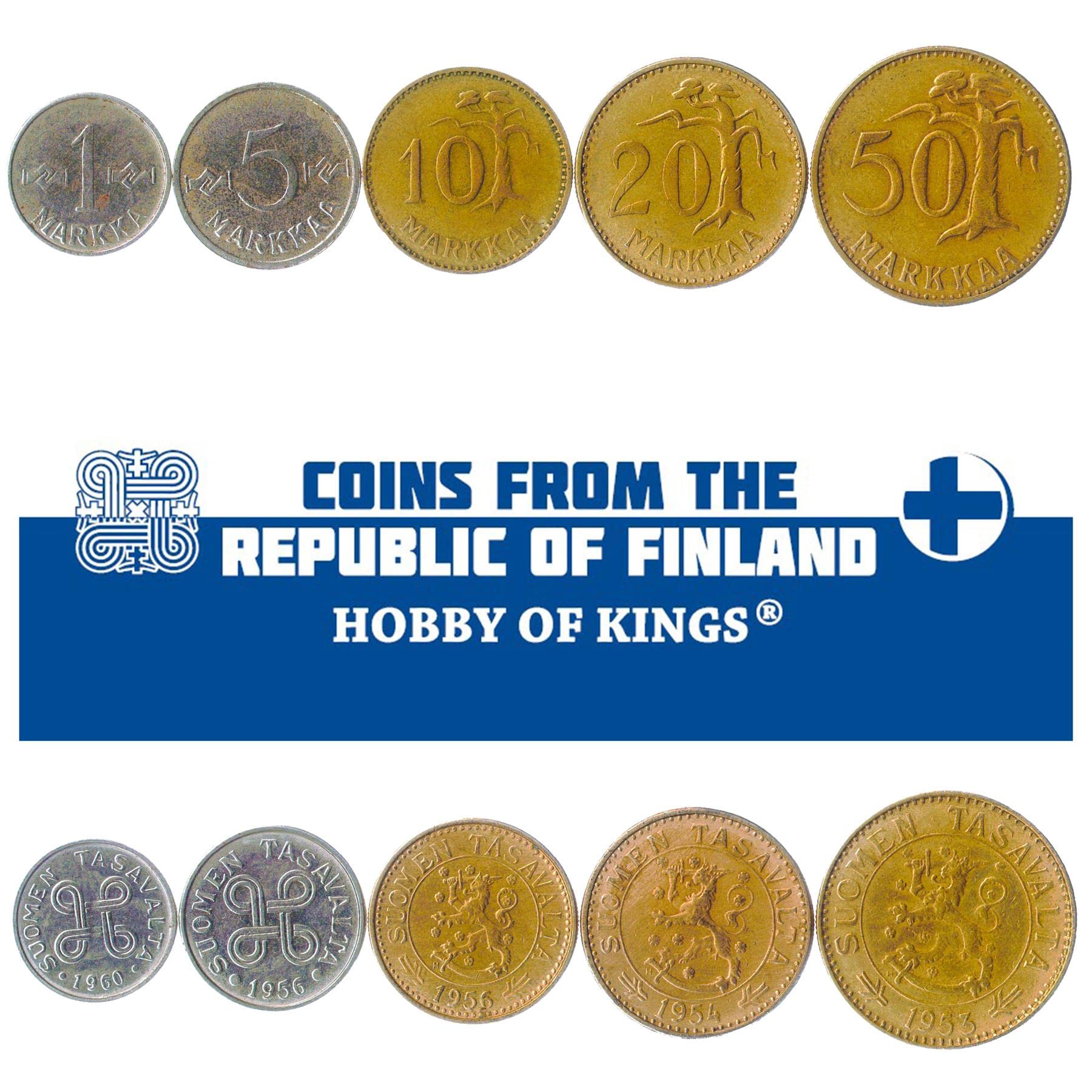 6 Coins from Finland | Finnish Coin Set Collection 1 5 10 20 50 Pennia 1 Markka | Circulated 1963-1969 | Tree | Saint Hannes Cross