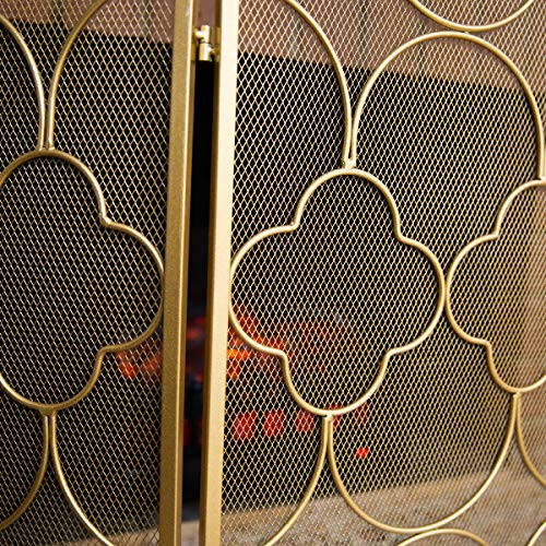 Barton 49" x 30" Fireplace Screen Gold Iron Mesh Geometric 3 Panel Fire Door Freestanding Cover Decorative Spark Guard Gate Grate