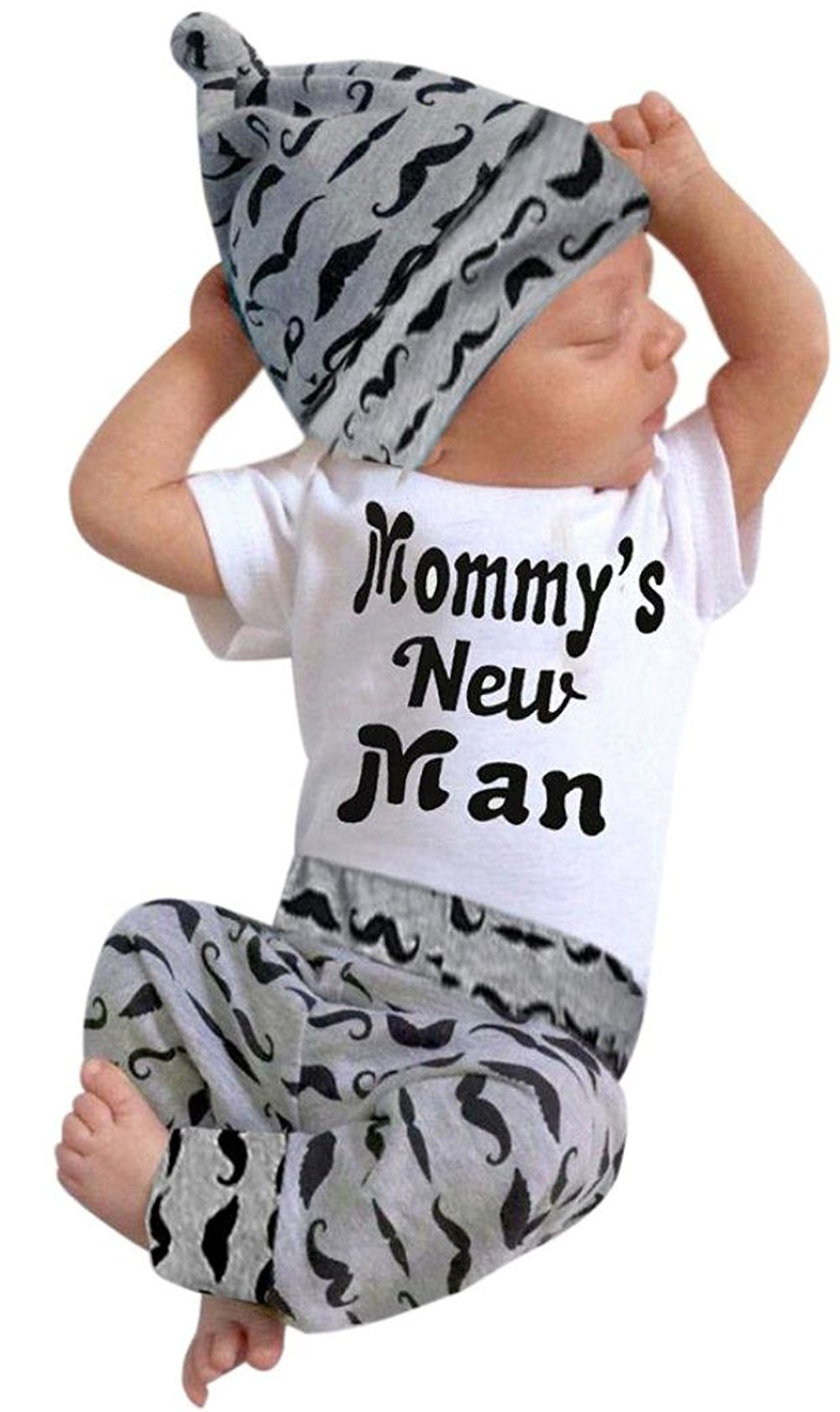 Happy Town 3Pcs Baby Boy Clothes Newborn Infant Bodysuit Summer Cotton Short Sleeve Romper +Pants+Hat Outfits Set (White#1, 0-6 Months)