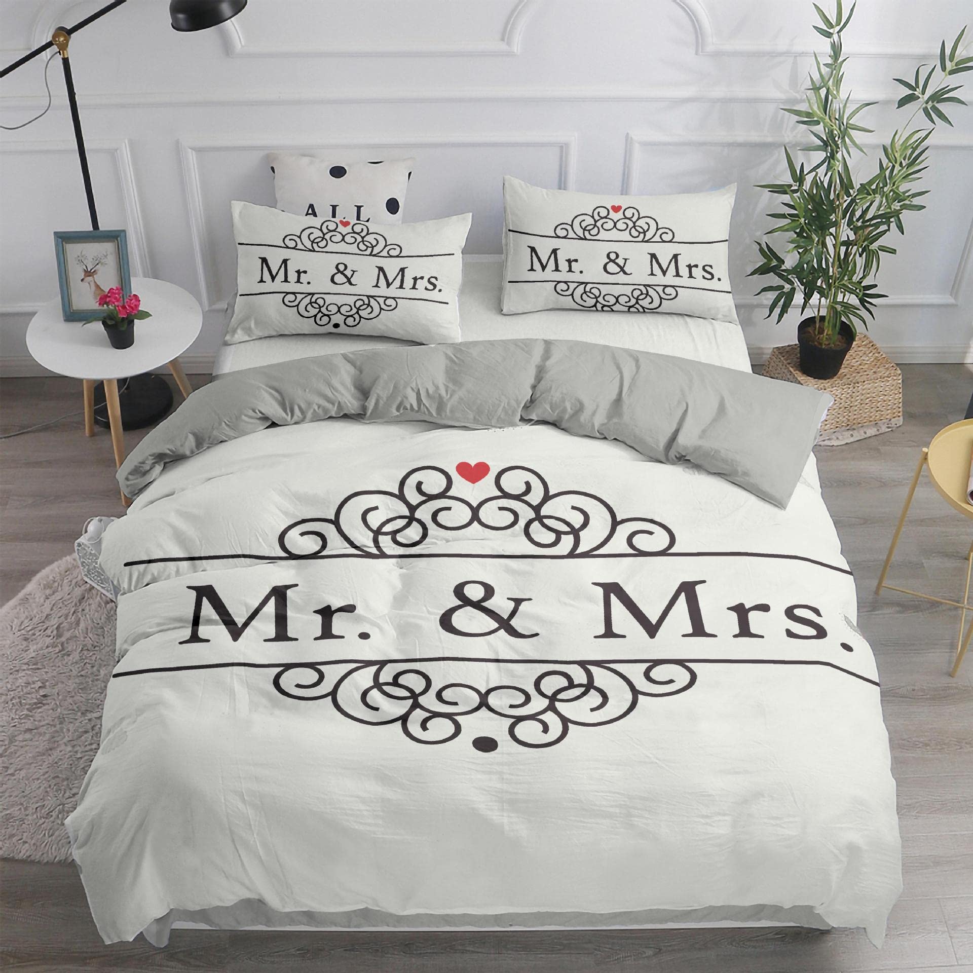 3 Pieces Mr and Mrs Beding Duvet Cover Set, His Side Her Side Personalized Couple Comforter Cover Set(No Comforter), Romantic Wedding Valentines Day Gift for Boyfriend Girlfriend,White,Queen(90" x 90"