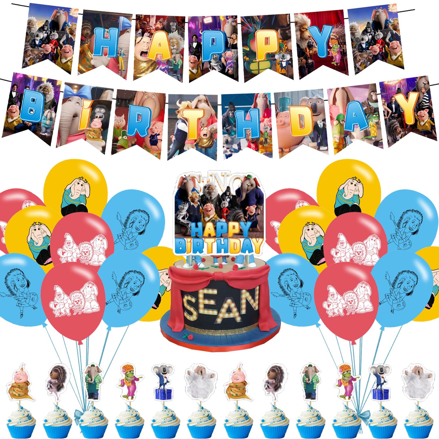32 Pcs ???? Movie Birthday Party Decorations,Party Supply Set for Kids with Banner - Cake Topper - 12 Cupcake Toppers - 18 Balloons for Cartoon Movie Party Decorations