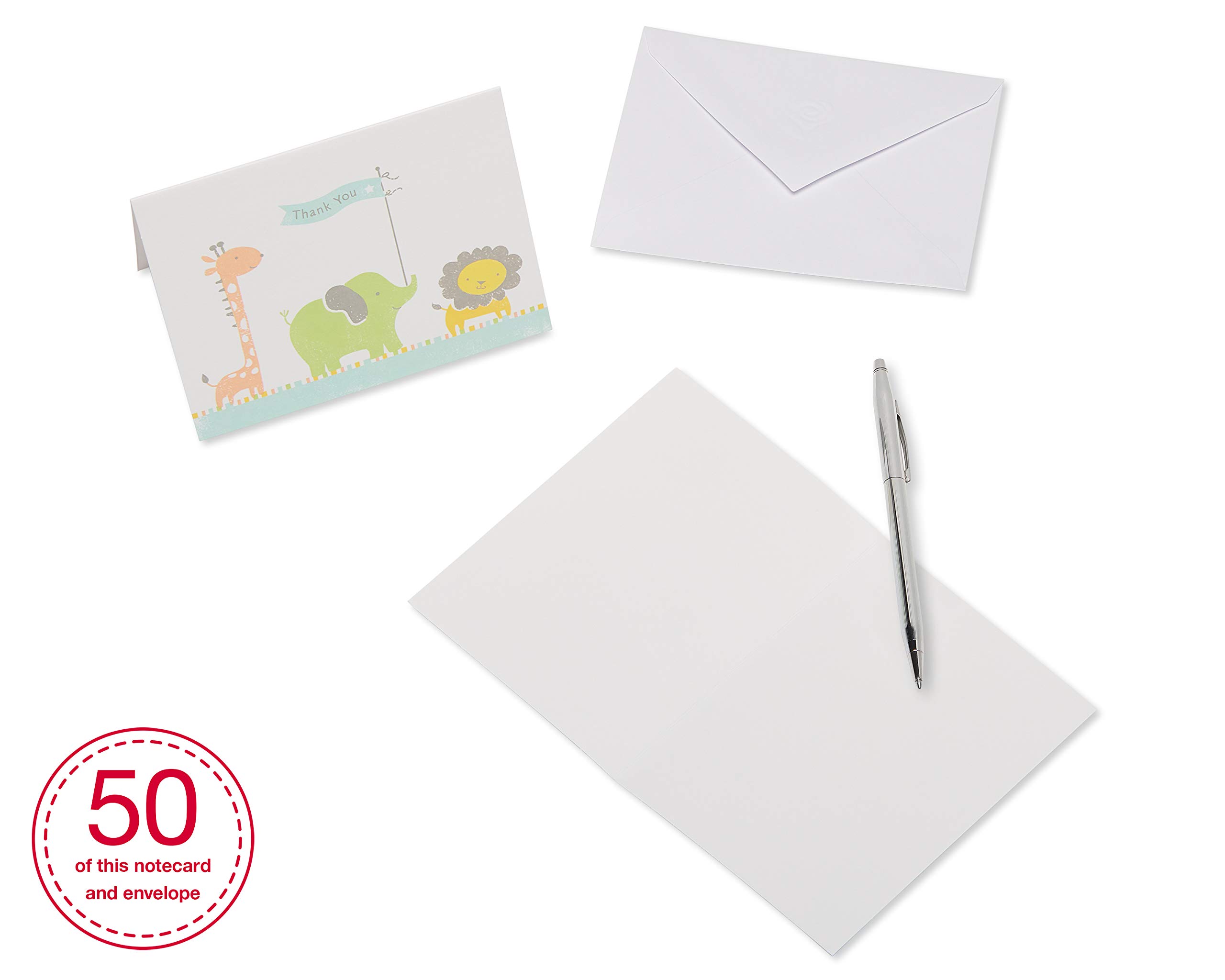 American Greetings Baby Shower Thank You Cards with Envelopes, Giraffe, Elephant and Lion (50-Count)