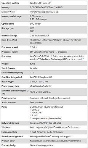 HP Touchscreen 17.3" HD+ Notebook, Intel Core i7-8550U Processor, 24GB Memory: 16GB Intel Optane + 8GB RAM, 2TB Hard Drive, Optical Drive, HD Webcam, Backlit Keyboard, HD Audio, Windows 10 Home Plus