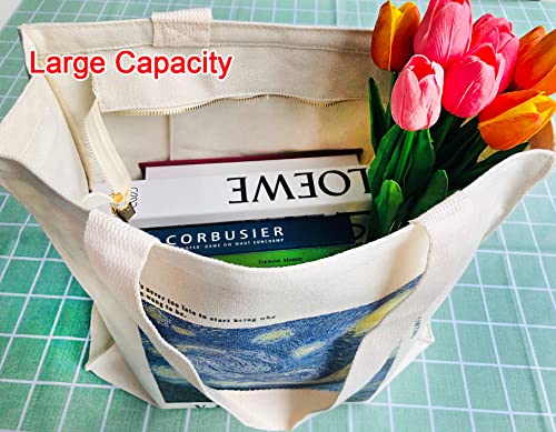 Canvas Aesthetic Tote Bag with Zipper Interior Pocket Shoulder Tote Bags for Women School Shopping