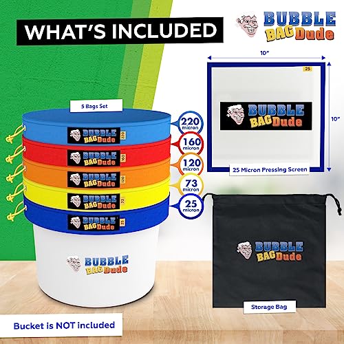 BUBBLEBAGDUDE Bubble Bags 5 Gallon 5 Bags Set - Herbal Ice Bubble Bag Essence Extractor Kit - Plant & Herb Extraction Bubble Bags with 10 x 10β Pressing Screen & Storage Bag (220 to 25-Micron Bags)