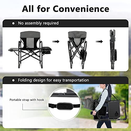 COSTWAY Folding Camping Chair, Heavy-Duty Director Chair Supports 400lbs for Adults with Side Table, Cooler Bag, Storage, Strap, Portable Makeup Chair Suitable for Fishing Picnic, Black