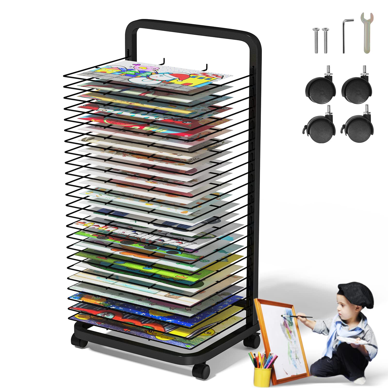 ZXMOTO Art Drying Rack Steel Drying Painting Racks Double Sided Wire Drying Shelf for Classrooms, Art Studio,Art Clubs,25 Shelves, 17x16x35Inches
