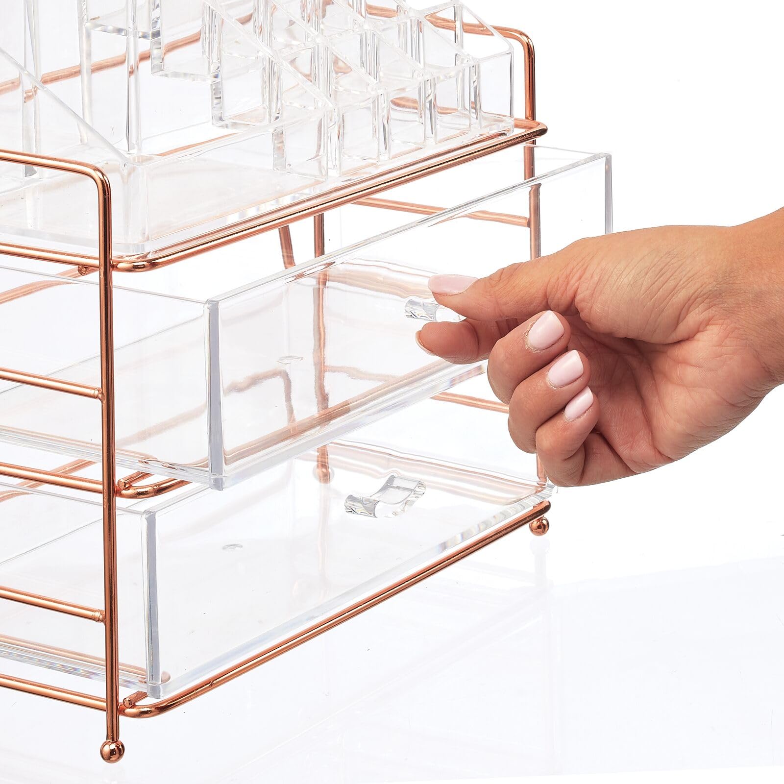 mDesign Plastic Cosmetic Storage Organizer Station with 2 Drawers and 16 Divided Sections for Bathroom, Cabinet, Vanity, Countertop - Holds Makeup Palettes, Brushes, Blush, Mascara - Rose Gold/Clear