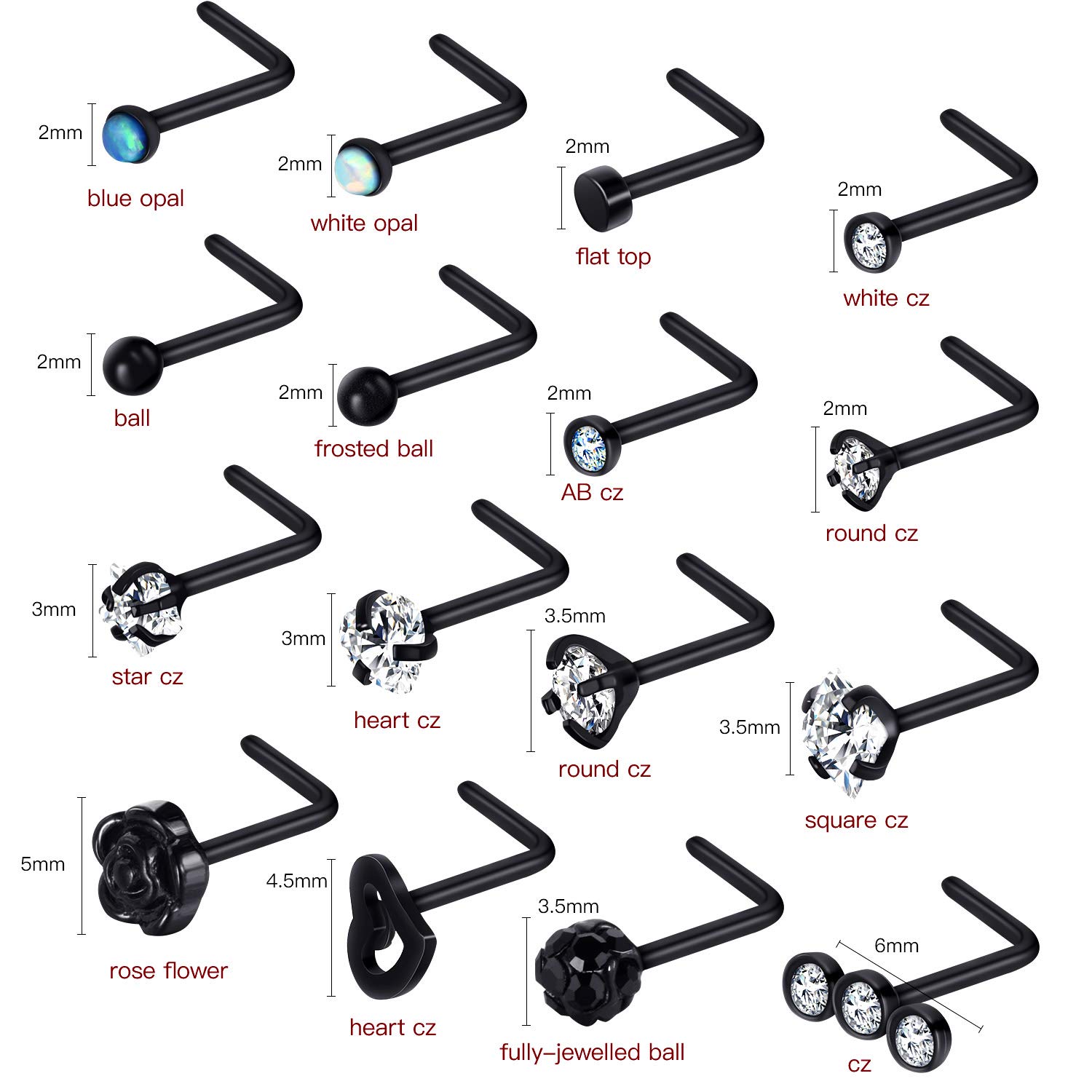 32 Pieces C-Shaped Nose Ring L-Shaped Hoop Tragus Nose Studs Bone Curved Hoop Tragus Cartilage Hoop Piercing (Black)
