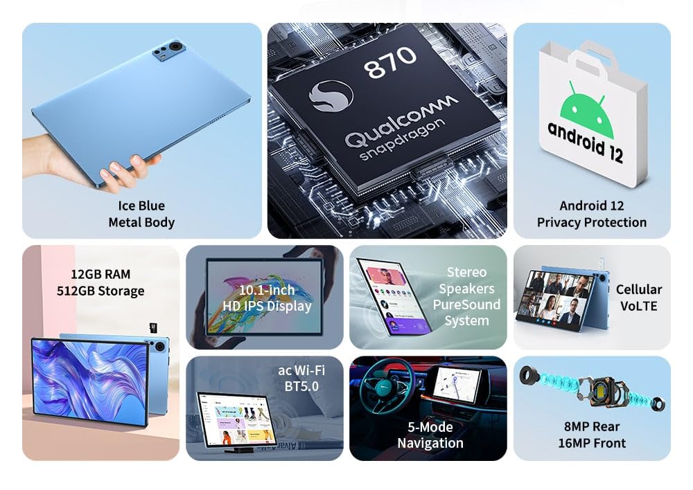 2023 Global Version Tablet 6 Pro Android 12.0 Snapdragon 870 Tablets PC 5G Dual SIM Card or WiFi HD 4K MI 10000mAh Blue Add Keyboard / 12GB 512GB