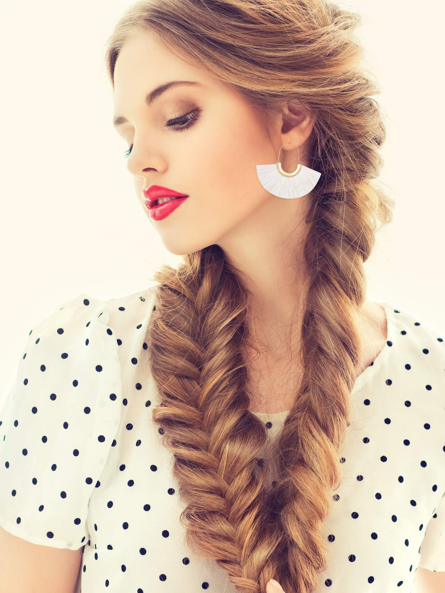 3 Pairs Fan Tassel Earrings for Women Fringe Earrings Semi Circle Fan Silky Threader Dangles Hoops
