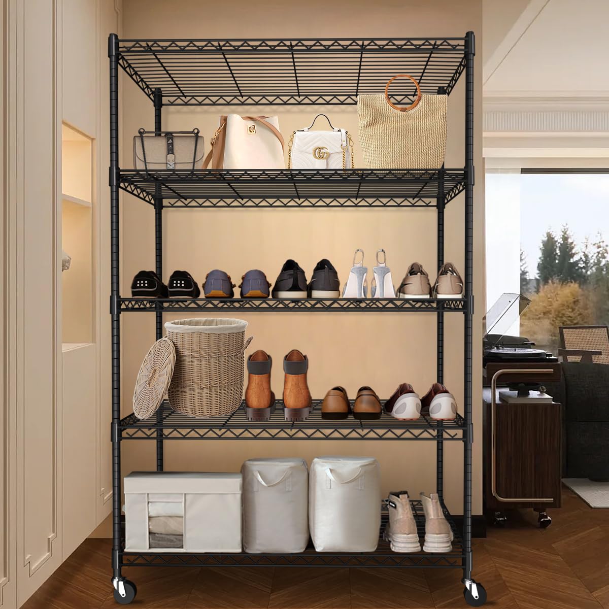 LaCyan 5-Tier 76" H Adjustable Storage Shelving Unit, Heavy Duty Steel Wire Rack with Wheels and Adjustable Feet for Pantry, Garage, Bakers Rack Kitchen Shelving (350 lbs/Shelf), Black