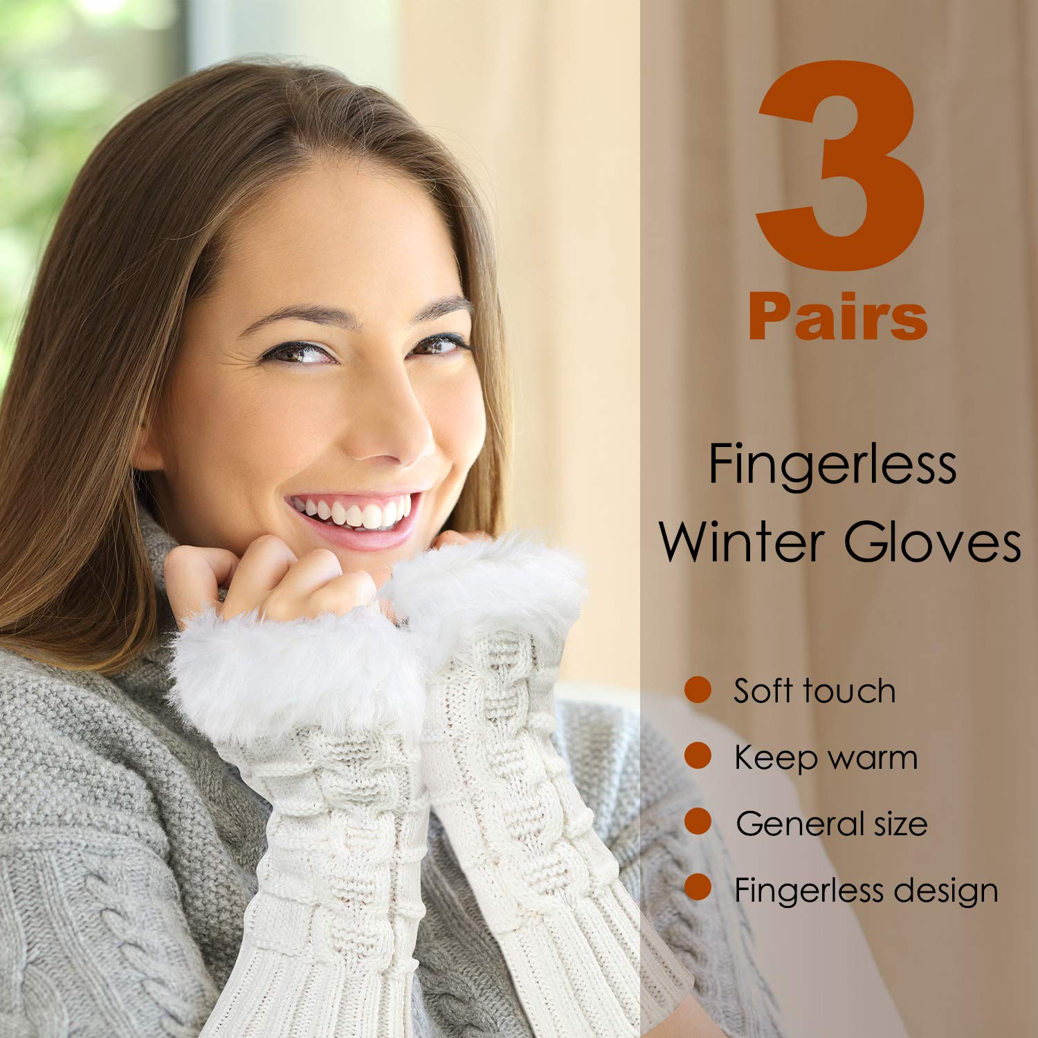 3 Pairs Fingerless Winter Gloves Faux Fur Crochet Warm Middle Length Thumb Hole Fingerless Gloves Arm Warmers (Black, White, Grey)