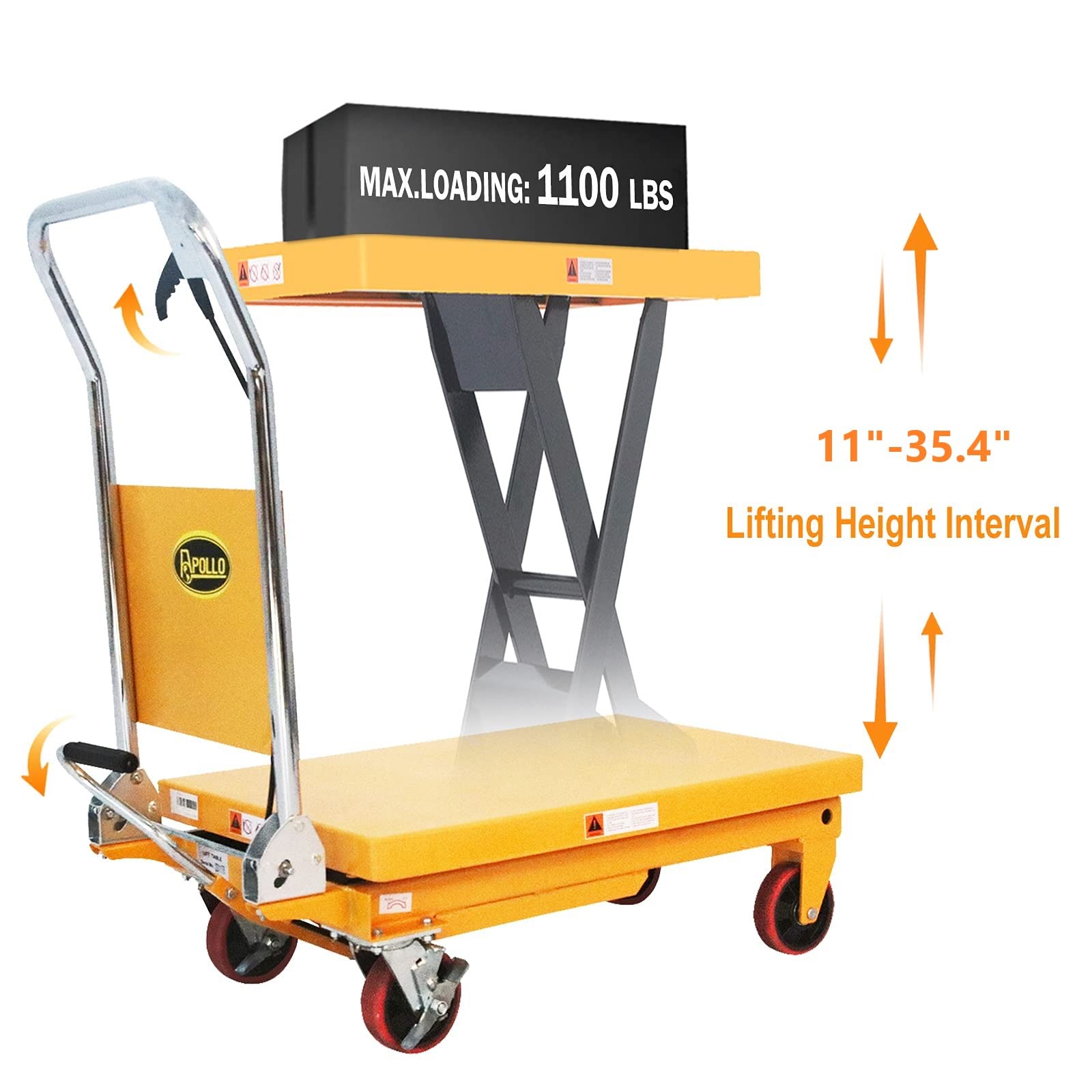 APOLLOLIFT Hydraulic Lift Table, 1100lbs Capacity 35.4" Lifting Height, Single Scissor Lift Table Cart with 4 Wheels and Safety Back Guard for Material Handling and Transportation