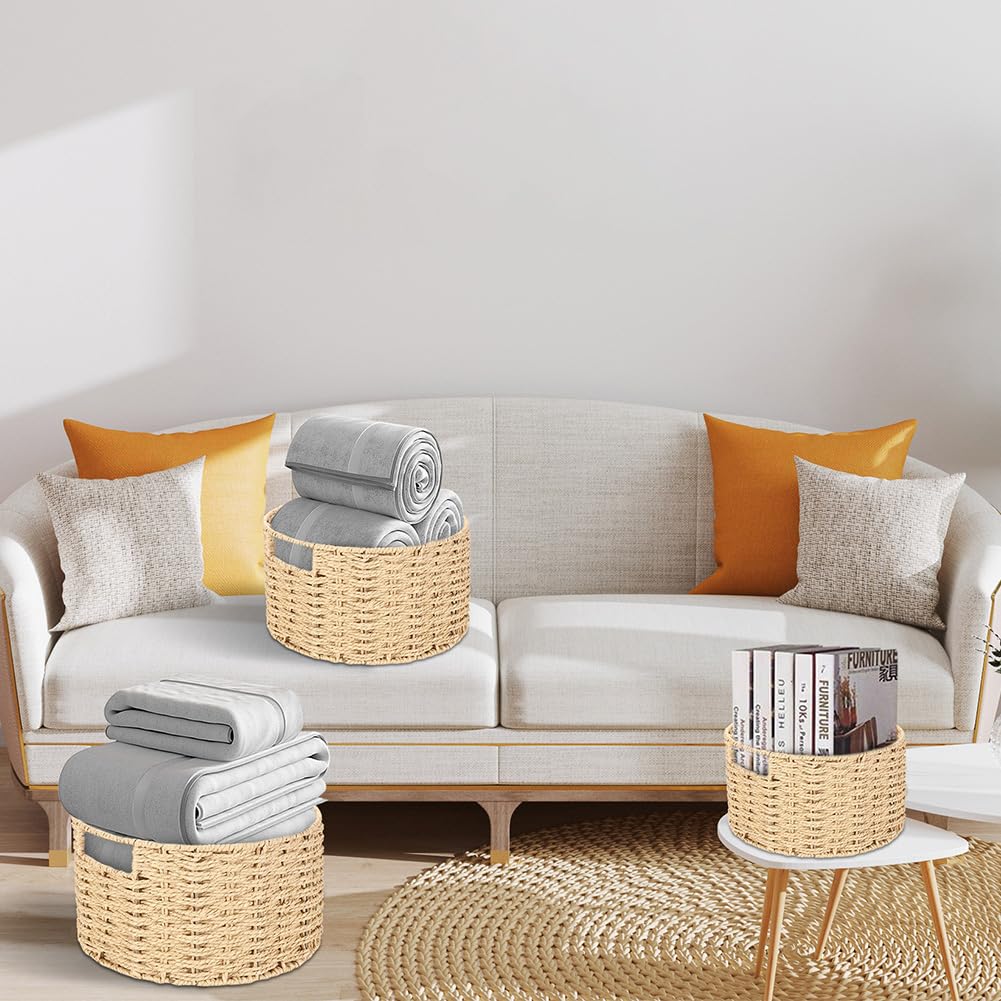 Airsnigi Round Wicker Storage Basket, Paper Rope Large Woven Basket Hand-Woven With Handles, Wicker Baskets for Organizing/Storage, 5 Pack