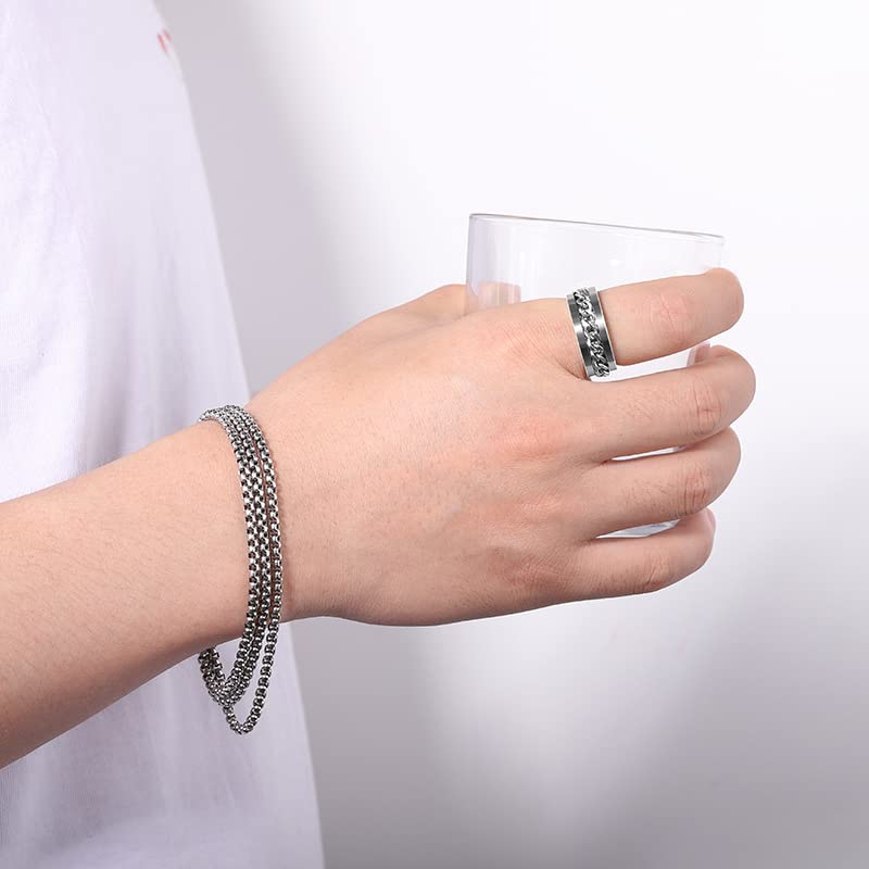 2Pcs Stainless Steel Anxiety Ring, Spinner Chain Thumb Beer Bar Opening Ring Set for Men Women BFF Gift Jeweley-Silver