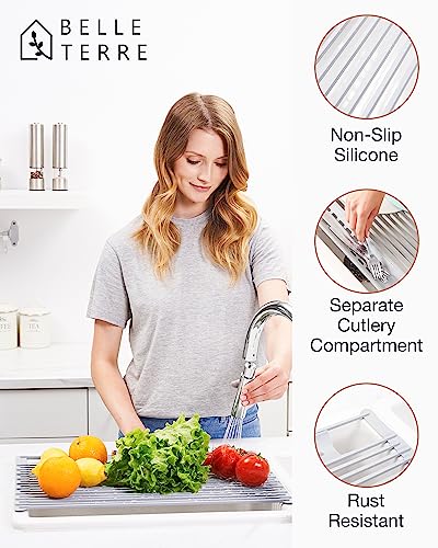 BELLE TERRE Roll-Up Dish Drying Rack & Swedish Dish Cloth Set - Space-Saving Sink Rack (20.5" x 15.5") with Utensil Tray & Reusable Absorbent Cloths - Solid Steel Construction & Cellulose Material
