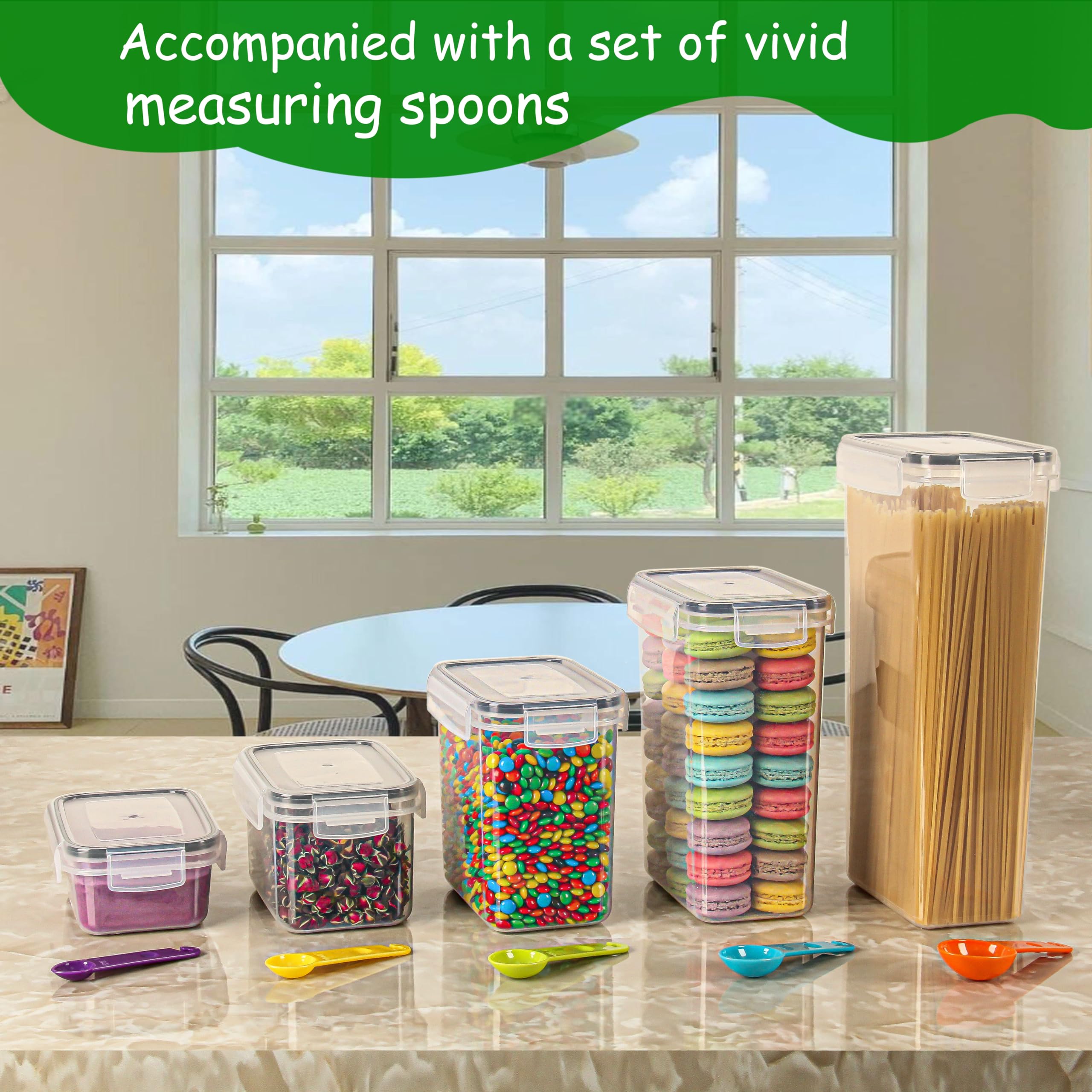 Airtight Food Storage Containers with Lids Set 10 Pack, Clear Plastic Pantry & Kitchen Organizers and Storage for Cereal Flour Pasta Snacks Sugar & Dry Food, BPA Free, with multiple Labels & Spoons