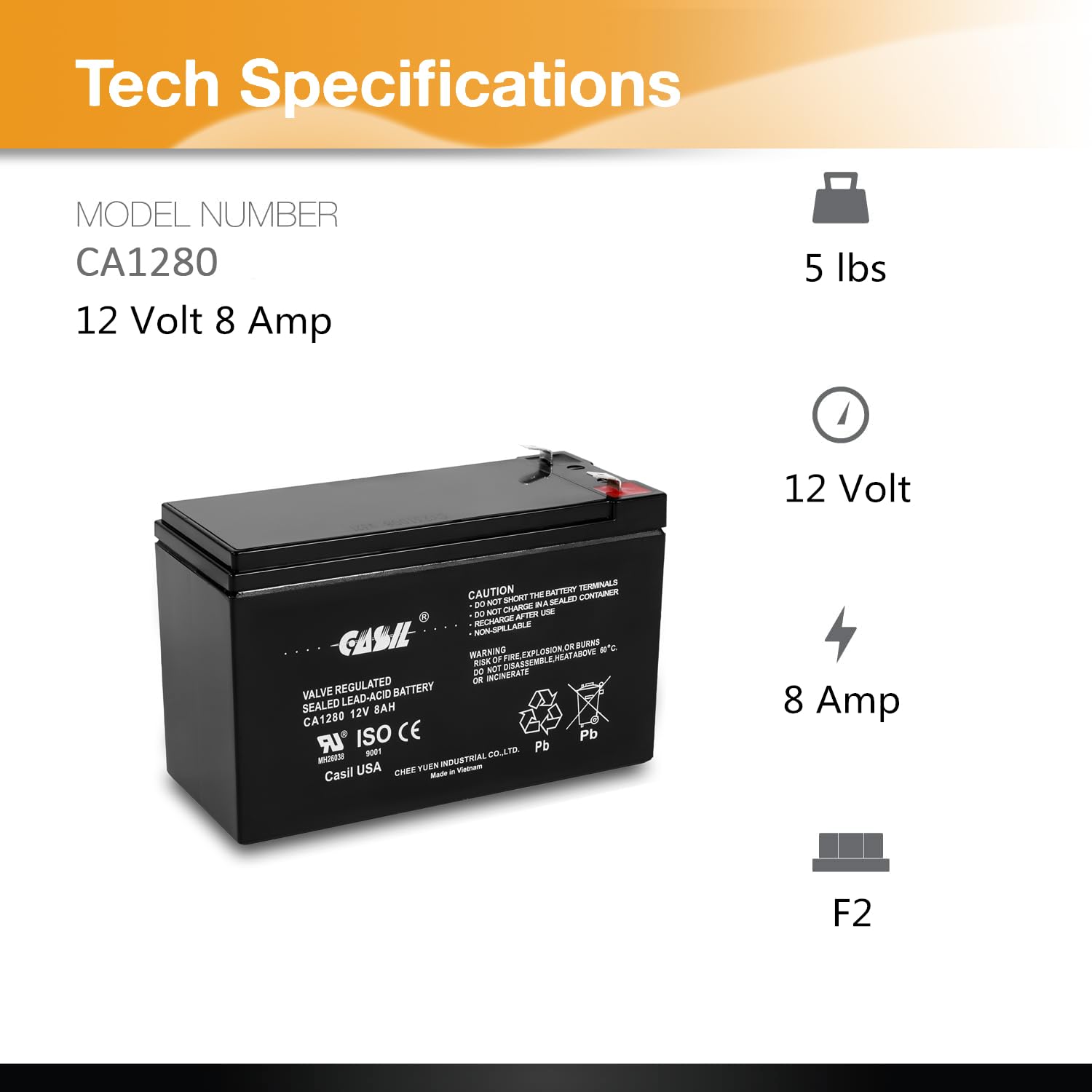 Casil Goldtop GT12080-HG 12v 8ah Battery for Fios F2 CA1280
