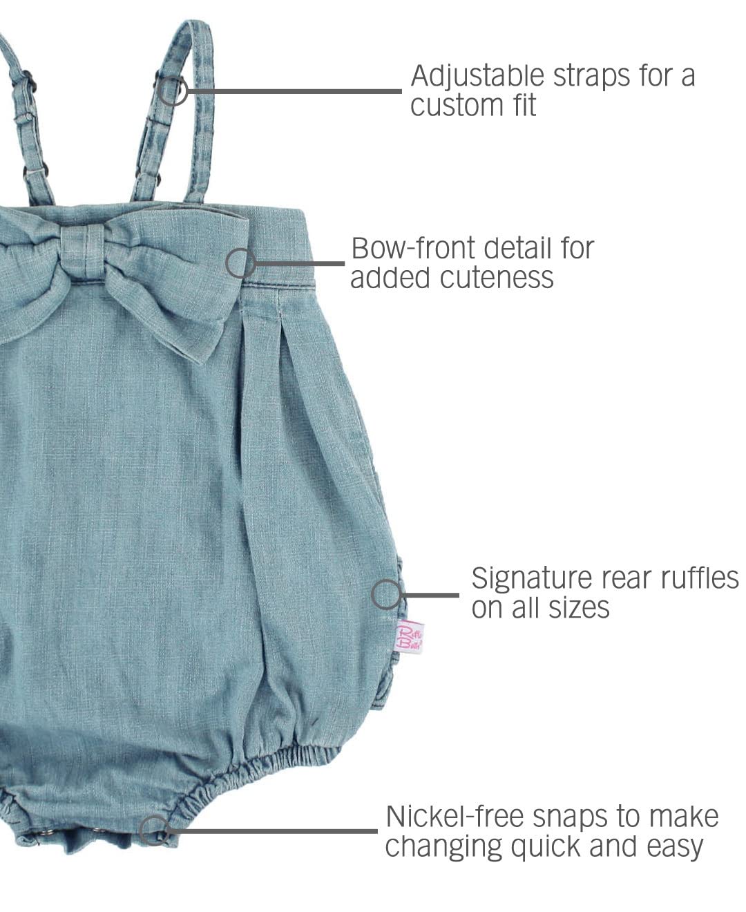 RuffleButts® Baby/Toddler Girls Light Wash Denim Bow-Front Bubble Romper - 3-6m