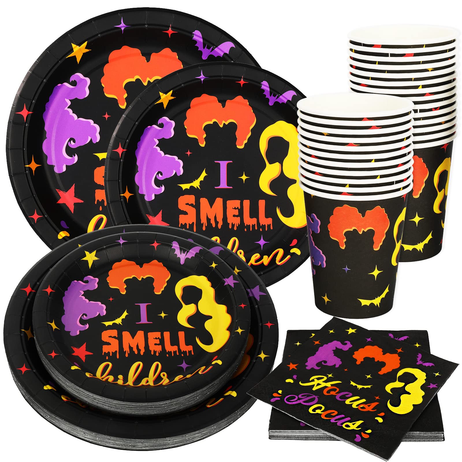 Whaline 100Pcs Halloween Tableware Set Hocus Pocus Disposable Dinnerware Set 50Pcs Paper Plates 25Pcs Napkin 25Pcs Cups for Halloween Party Witch Theme Party Supplies Table Decorations