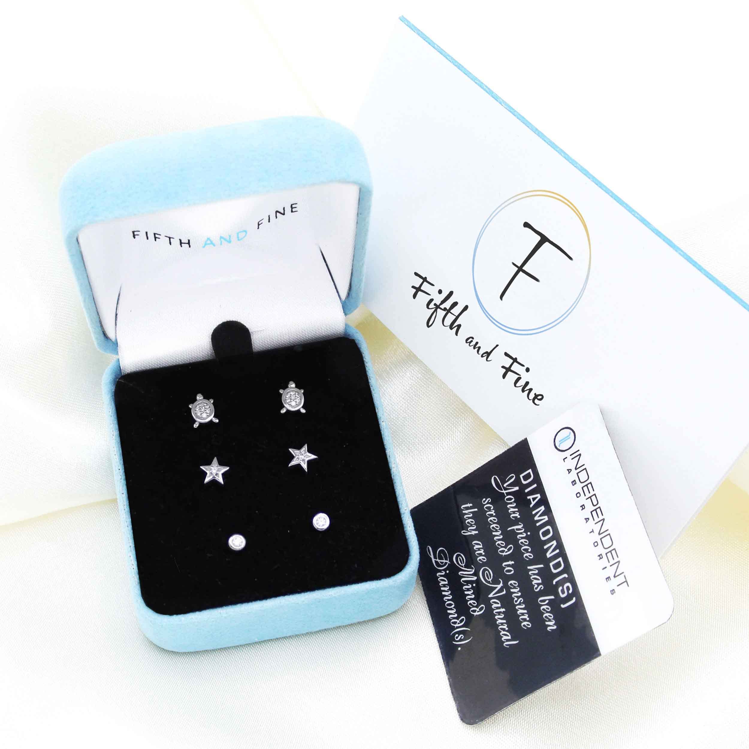 3 Pairs Set Ear Party 1/10 Cttw Natural Diamond Turtle Star Bezel Stud Earrings in 925 Sterling Silver