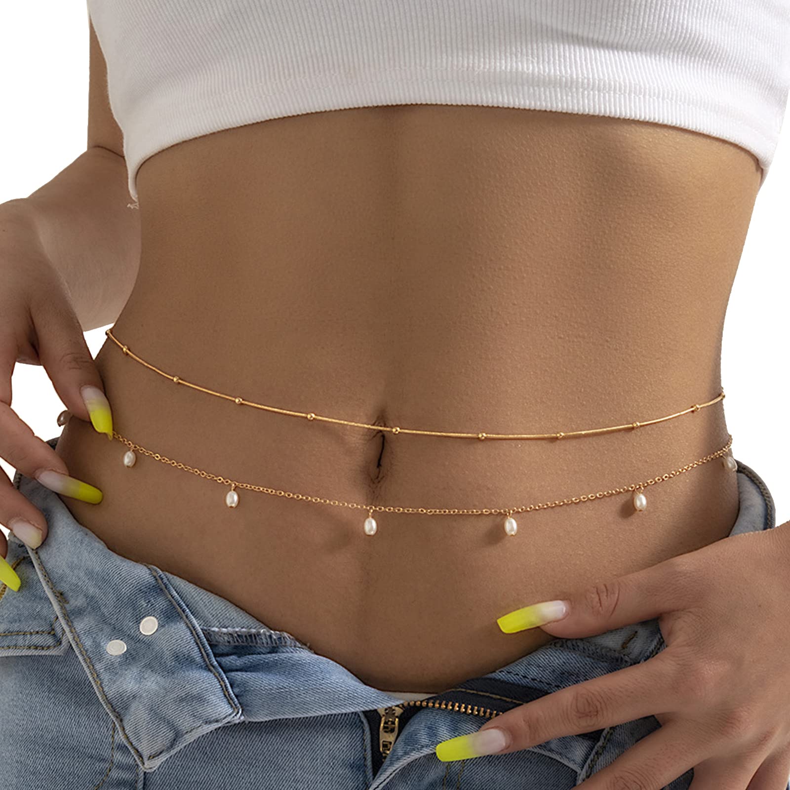 2Pcs Summer Beaded Waist Chain Metal Bikini Multi-Layer Waist Belly Chain Sexy Beach Beads Body Chain Pearl Simple Waist Chain for Women
