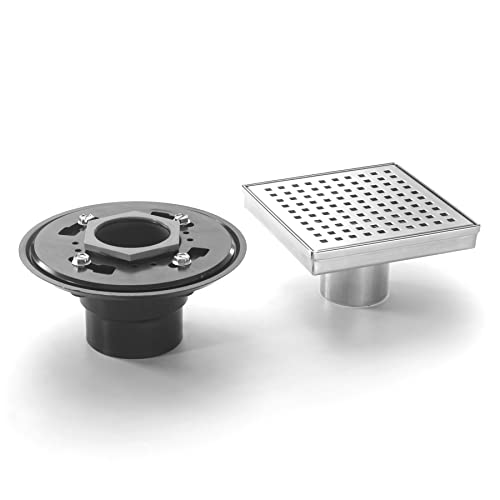6 inch Square Shower Drain, Square Hole Pattern Shower Drain, Brushed 304 Stainless Steel Linear Drain with Leveling feet & Hair Strainer