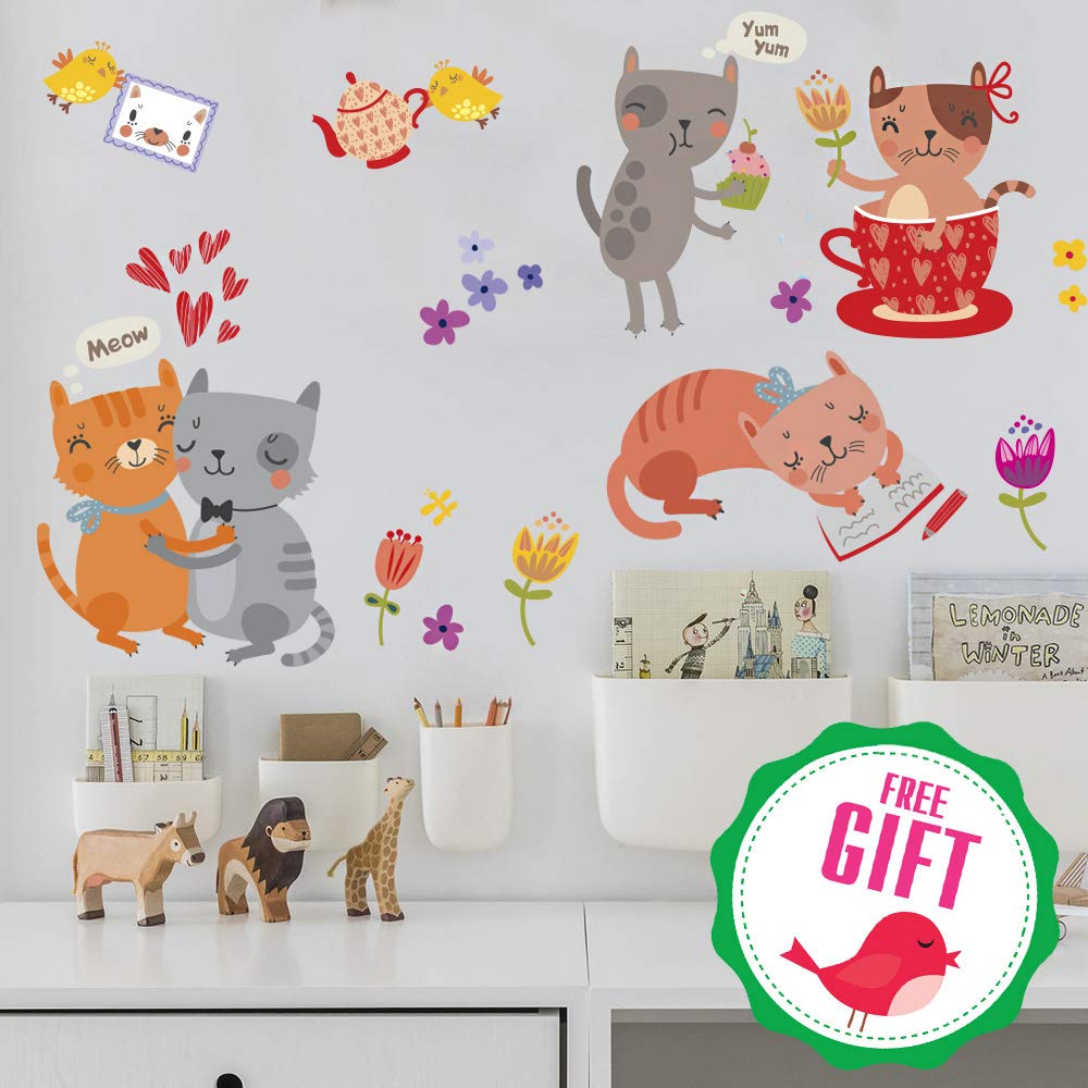 Cat Wall Stickers for Kids - Baby Vinyl Home DĂŠcor - Cute Animal Decals for Bedroom Playroom