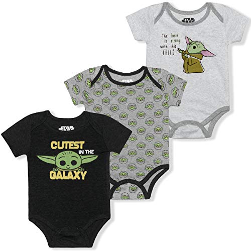 STAR WARS Baby Yoda Boys 3 Pack Bodysuits for Baby and Infant – Grey/Black/Green