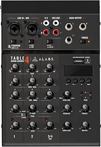 4 Channel Audio Mixer, ALABS DJ Mixer Sound Board for PC, Karoake Mixer Amplifier Mixer Audio, Podcast Mixer, XLR Interface Mixing Console with OP-AMP/Mic Preamps/Phantom/2-band EQ, TABLE4