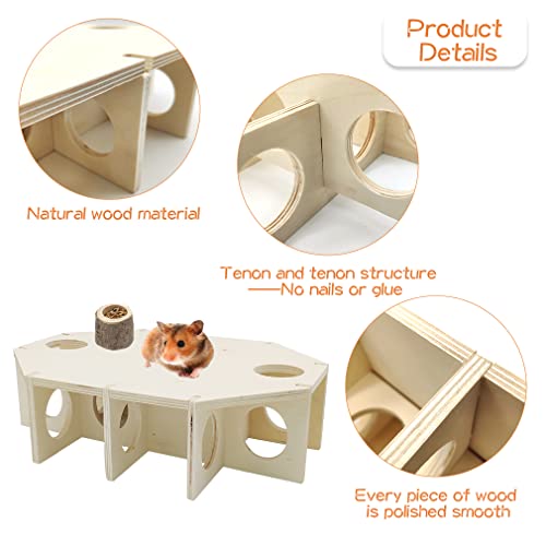 BNOSDM Multi-Chamber Hamster Hideout Maze Wood Multi-Room Hide Hut with Cover Mice Secret Peep Shed Wooden Dwarf Hamsters House Tunnel Exploring Toys Habitat Décor for Gerbils