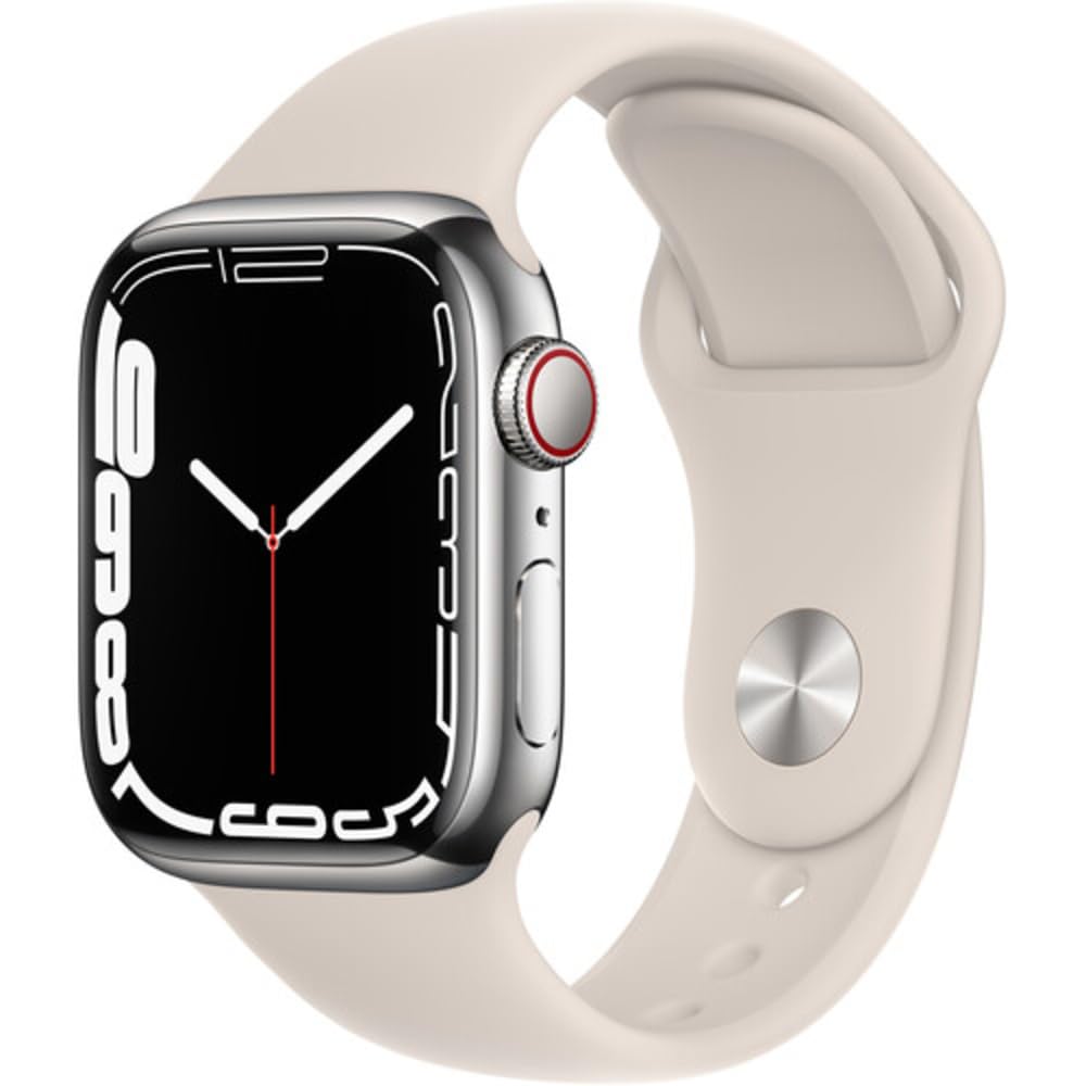 Apple Watch Series 7 (GPS + Cellular, 41MM) Silver Stainless Steel Case with Starlight Sport Band (Renewed)