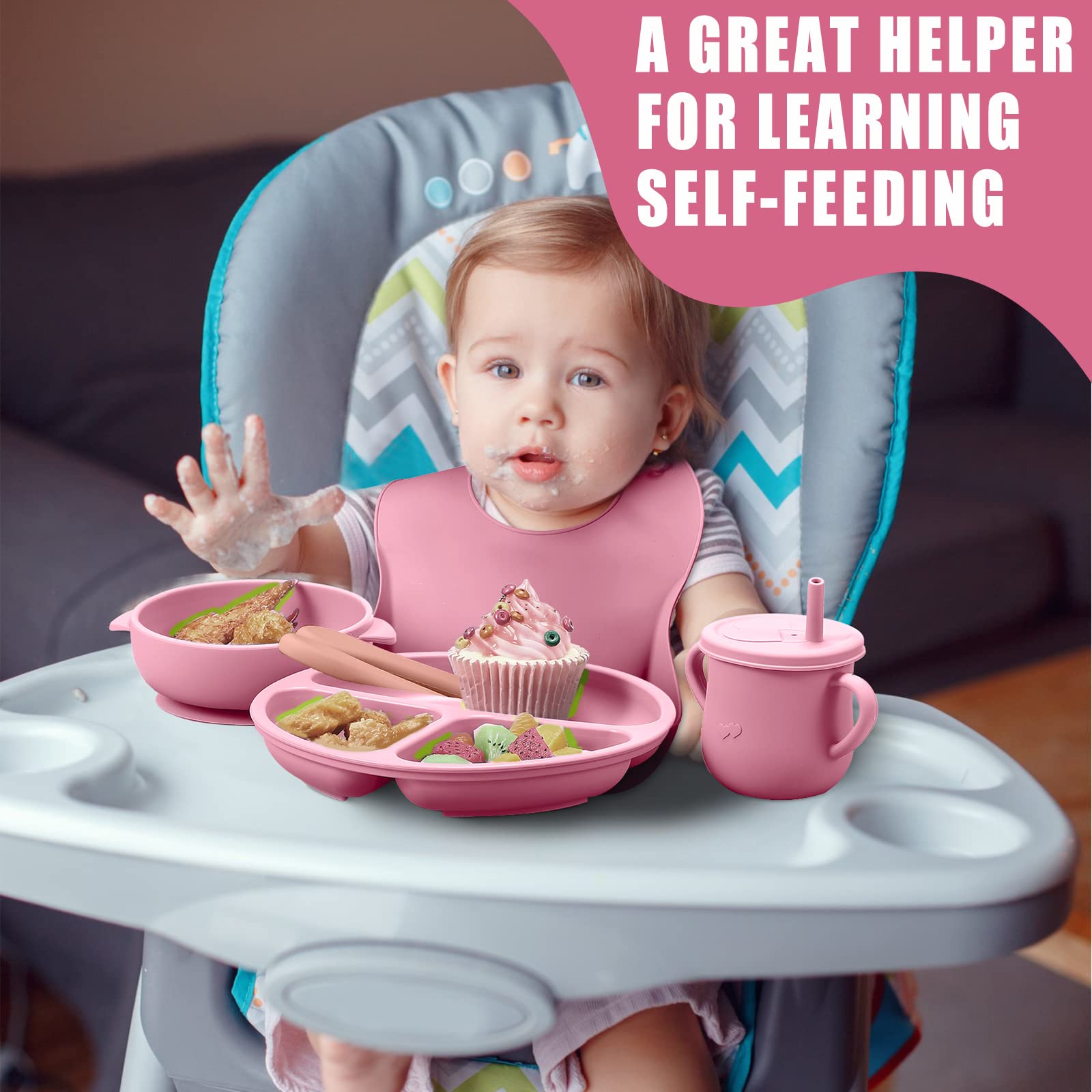 3 Sets Baby Led Weaning Supplies, Silicone Baby Feeding Set with Divided Plate Adjustable Bib Suction Bowl with Lid Snack Cup Soft Spoon Fork, Toddler Self Eating Utensil (Purple, Mint, Pink)