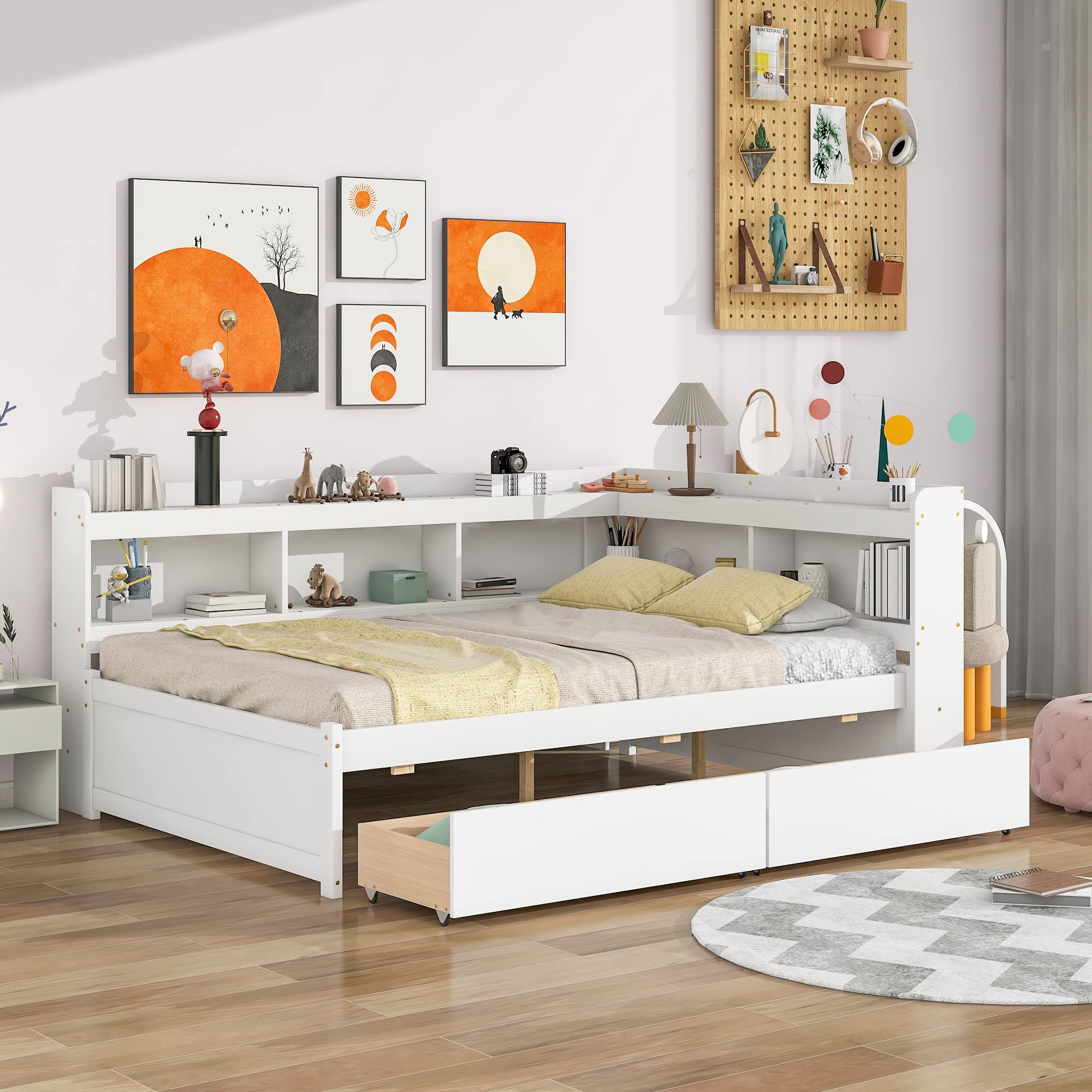 Aiuyesuo Full Size Platform Bed with L-Shaped Storage Shelfs and Bookcases, Pine Wood Day Bed with 2 Storage Drawers for Office/Living Room/Bedroom, Maximize Space (White)