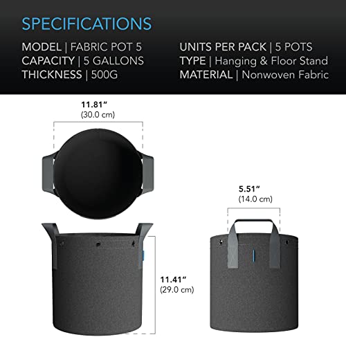 5-Pack 5 Gallon Heavy Duty Aeration Fabric Pots with Rings - For Low Stress Plant Training