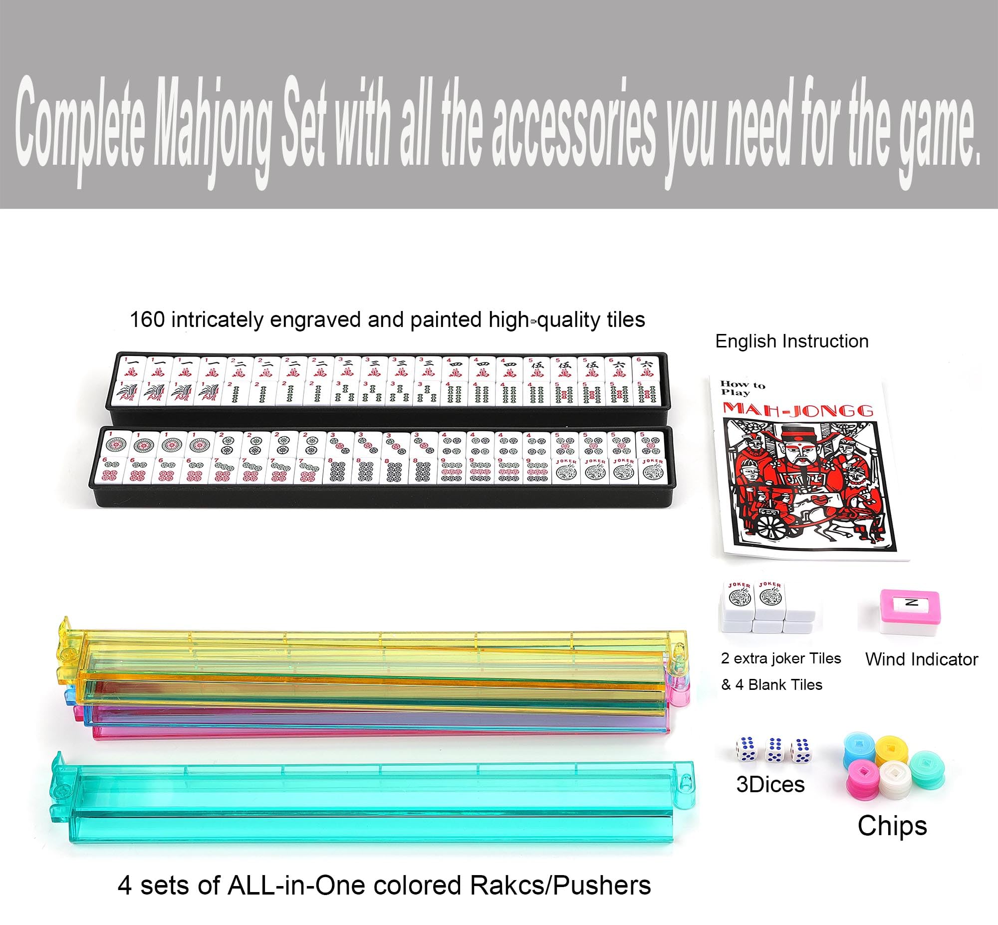 American Mahjong Game Set - Black Quilted Soft Bag 166 Premium Tiles with 4 All-in-One Rack/Pushers,100 Chips, Wind Indicator, English Manual. Easy Carry Complete Classic Mah-Jongg Set