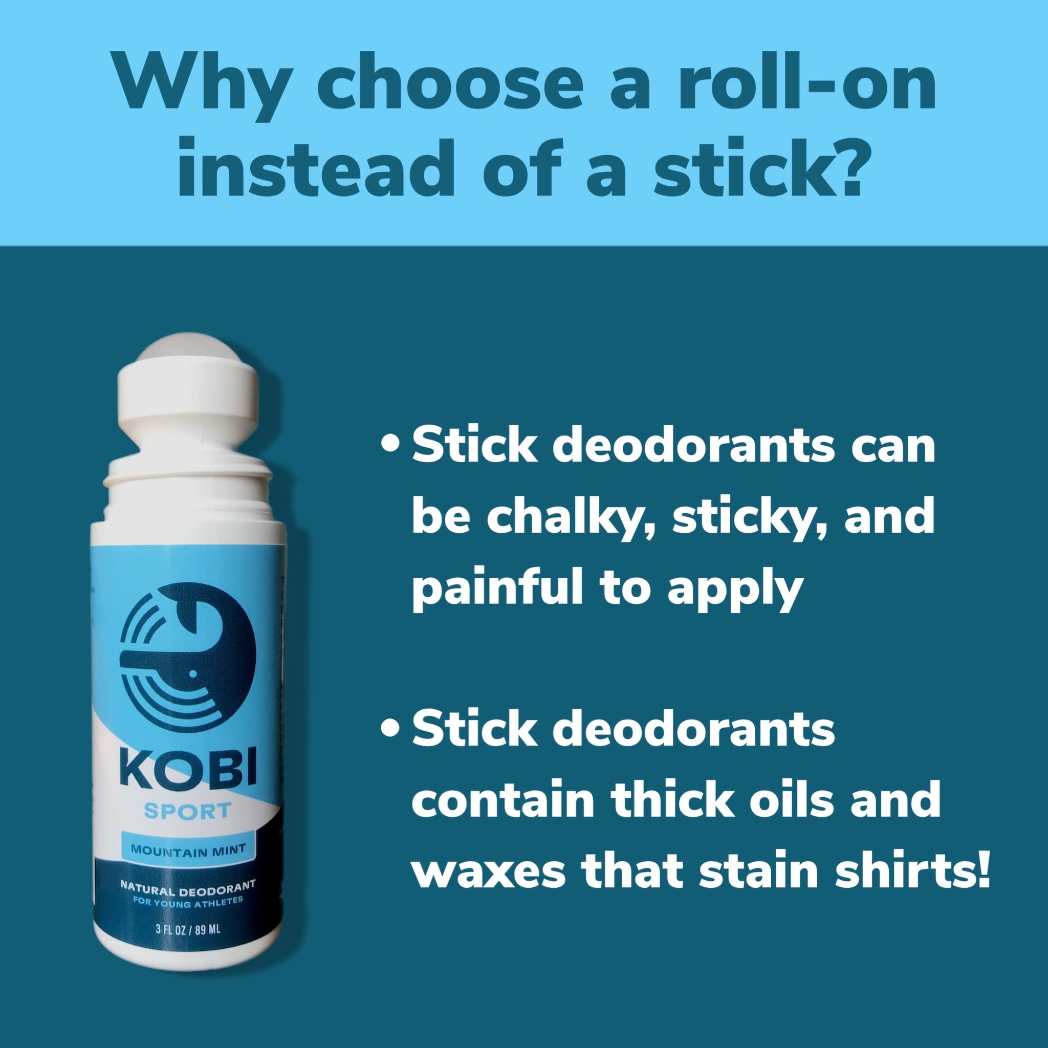 Kobi Deodorant for Teens, Kids, Boys, Girls - Natural, Aluminum-Free, Hypoallergenic, Sport Strength - Mountain Mint