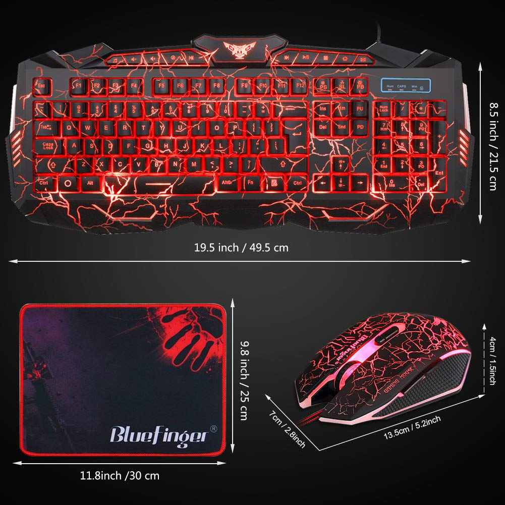 BlueFinger Backlit Gaming Keyboard and Mouse Combo,USB Wired Backlit Keyboard Mouse Game Set,Multimedia Keys,3 Color LED Crack Illumination Keyboard Mouse for Game and Work