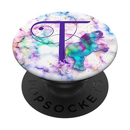 Purple Monogram Letter T Initial Rainbow Elephant PopSockets Swappable PopGrip