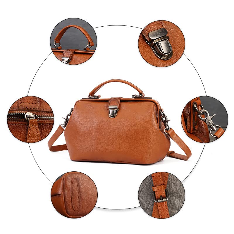 ARCOLAN Women's leather handbag retro Doctor Bag Brown Shoulder bag buckle type women's bag (Brown)